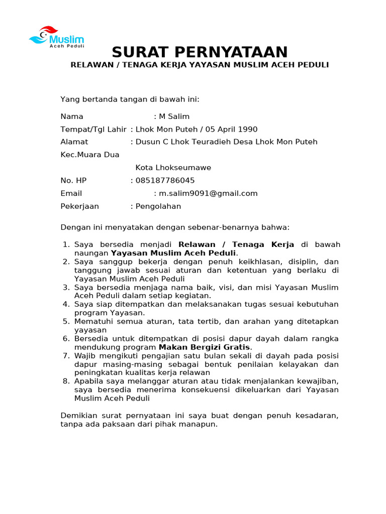 Surat Pernyataan Relawan SPPG | PDF