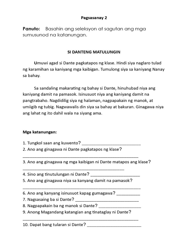 Pagsasanay 2 - Si Danteng Matulungin - GR 3 | PDF