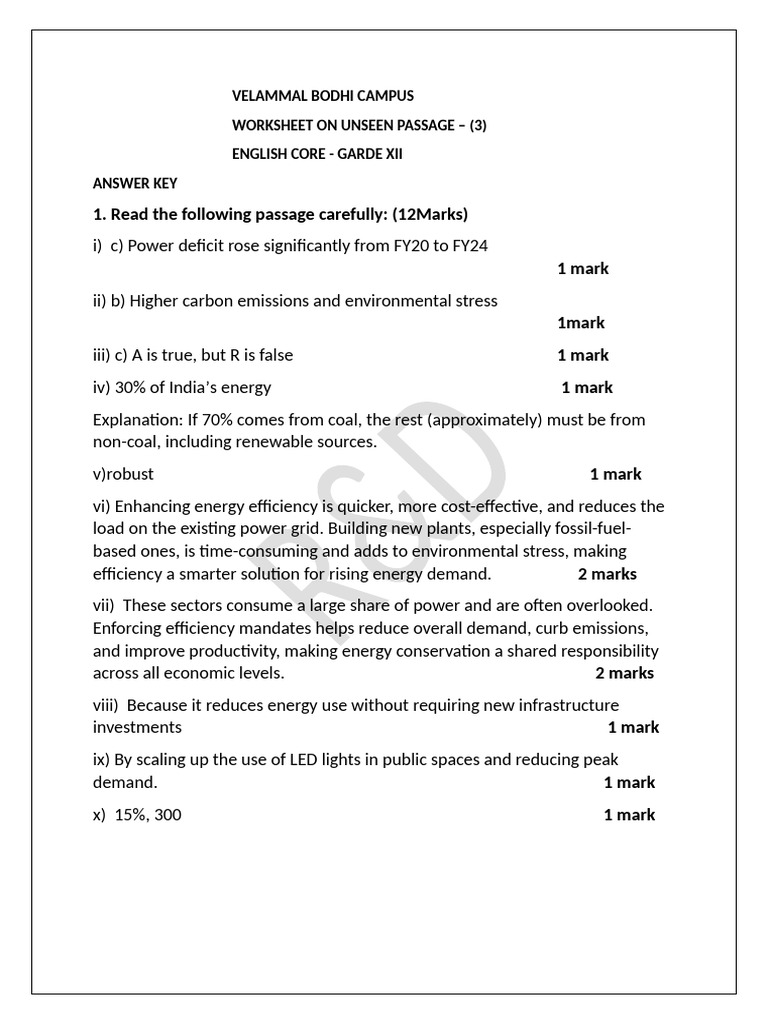 Unseen Passage Worksheet Answer Key | PDF
