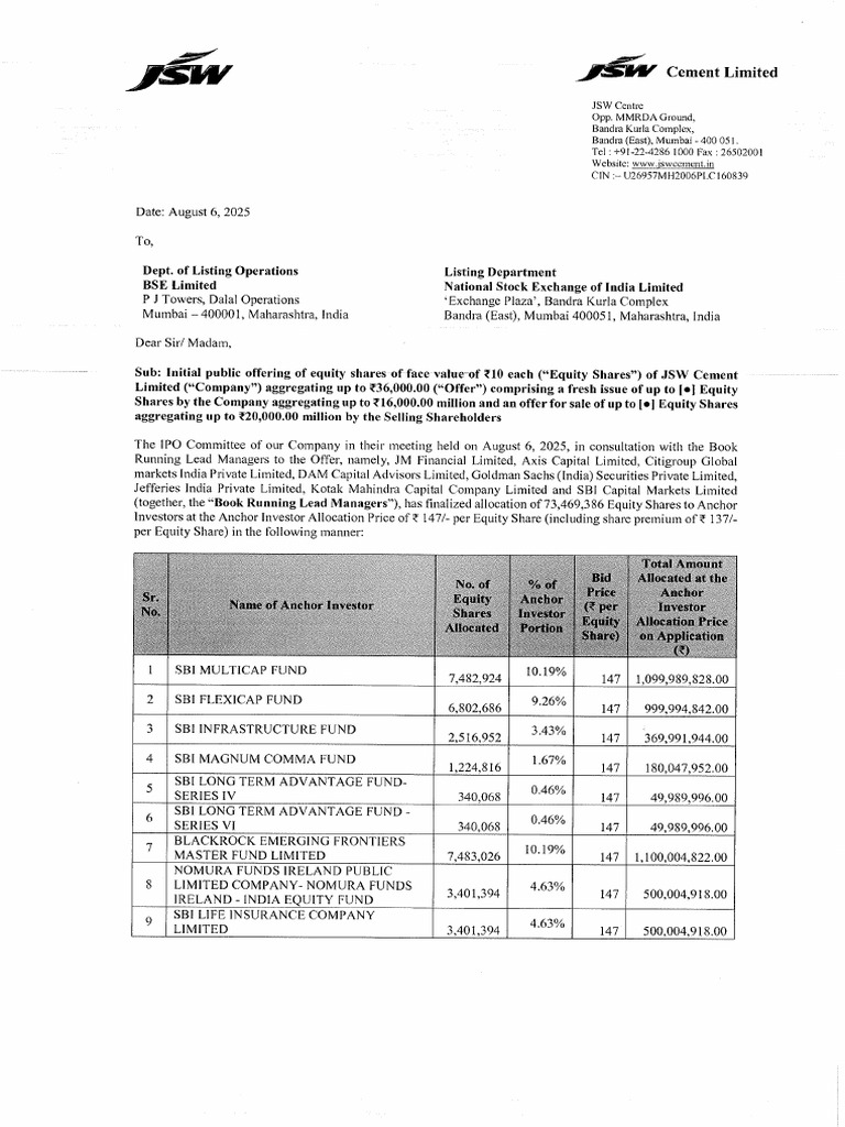 JSW Cement Ltd-Anchor Allocation Intimation Letter Signed | PDF