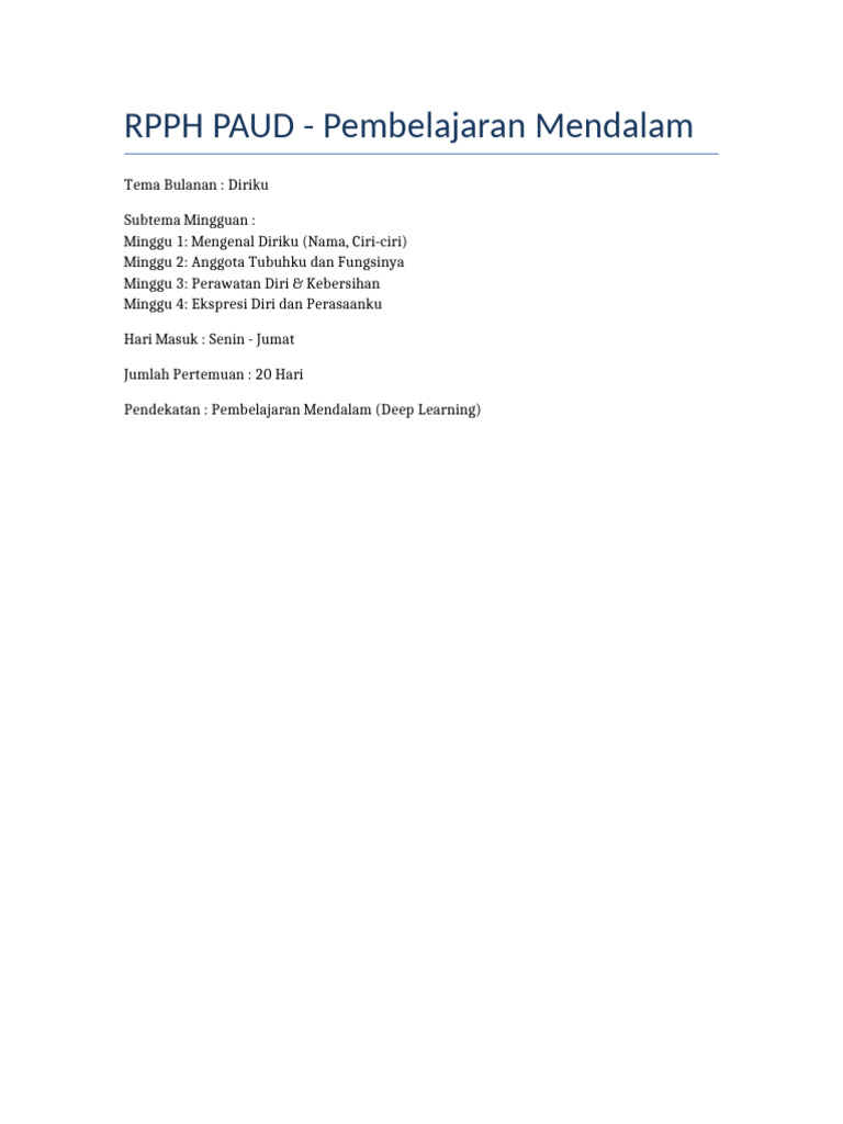 RPPH PAUD: Pembelajaran Melalui Bermain | PDF