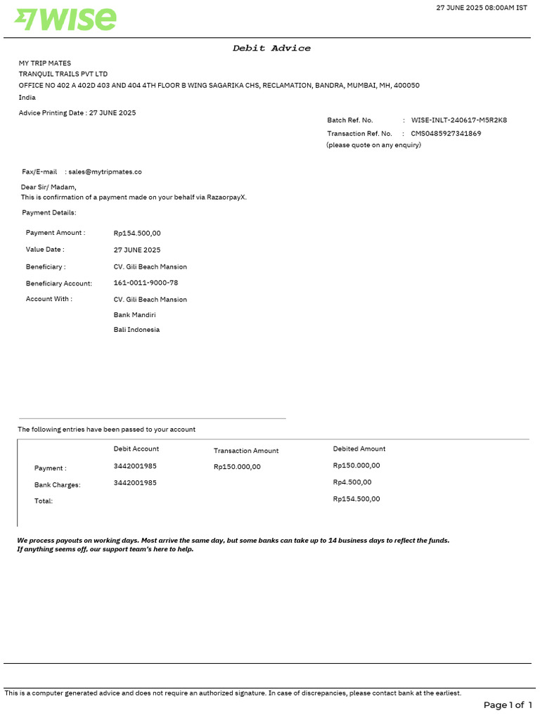 Debit Advice Report | PDF