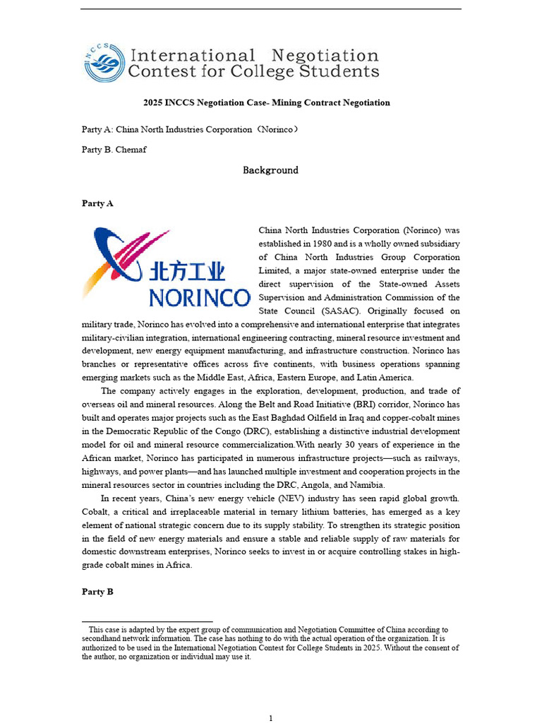Final-2025 INCCS Negotiation Case-Mining Contract Negotiation | PDF ...