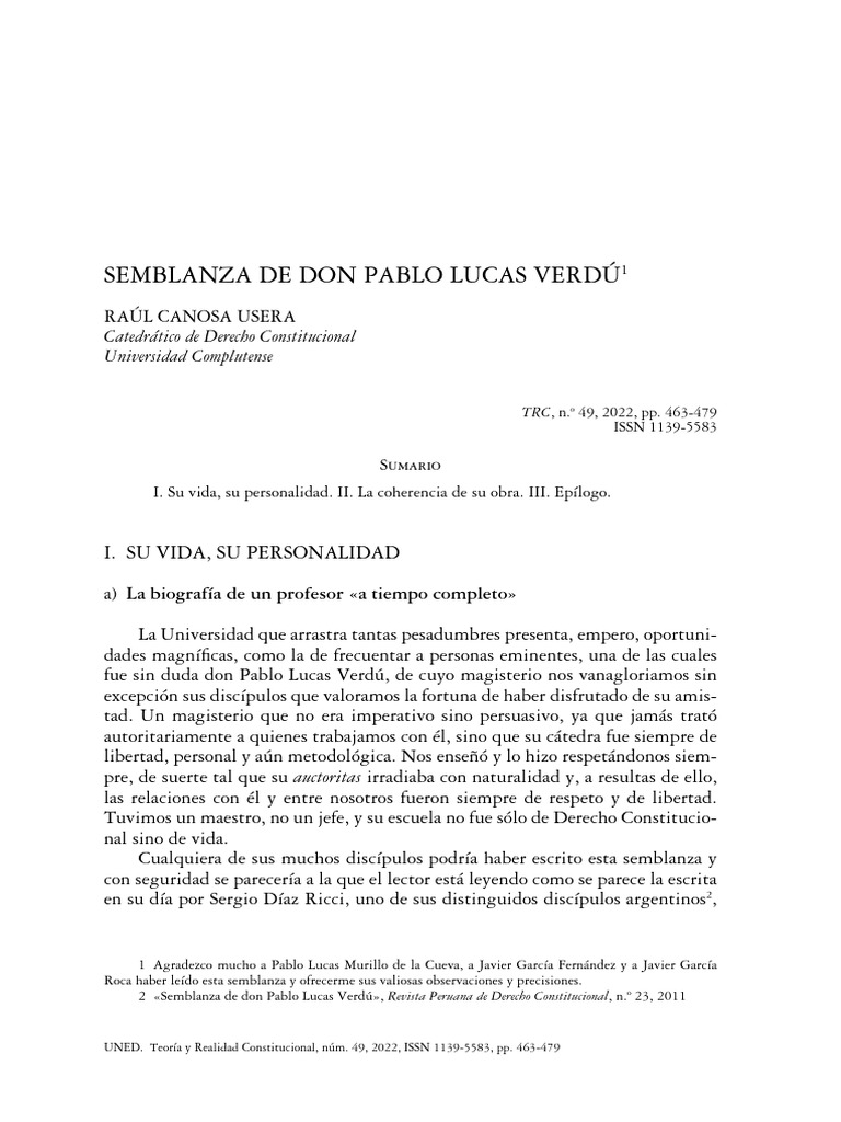 Semblanza a Pablo Lucas Verdú (Raul Canosa) | PDF | Constitución ...