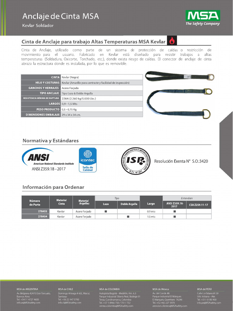 20 MSA Web Straps Slings Kevlar Technical Datasheet ES | PDF