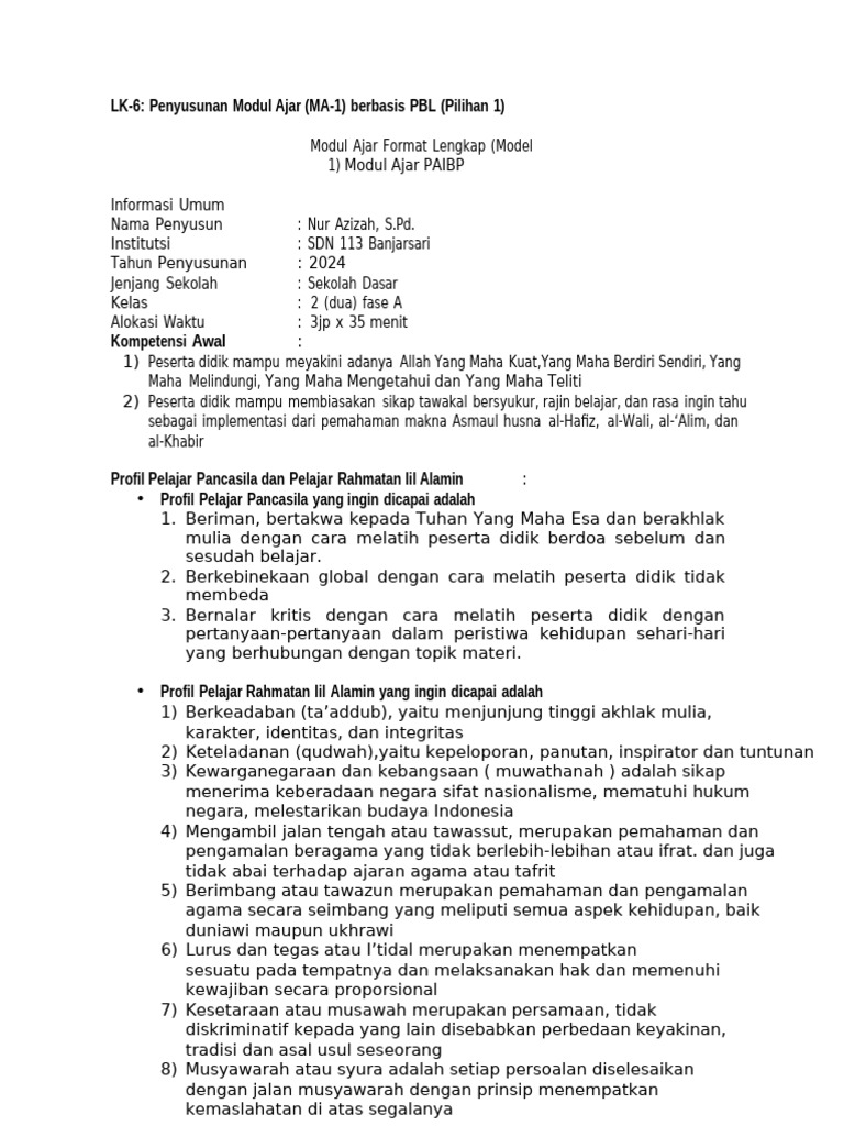 LK-6-FIX-NUR AZIZAH MODUL PBL ASMAUL HUSNA | PDF