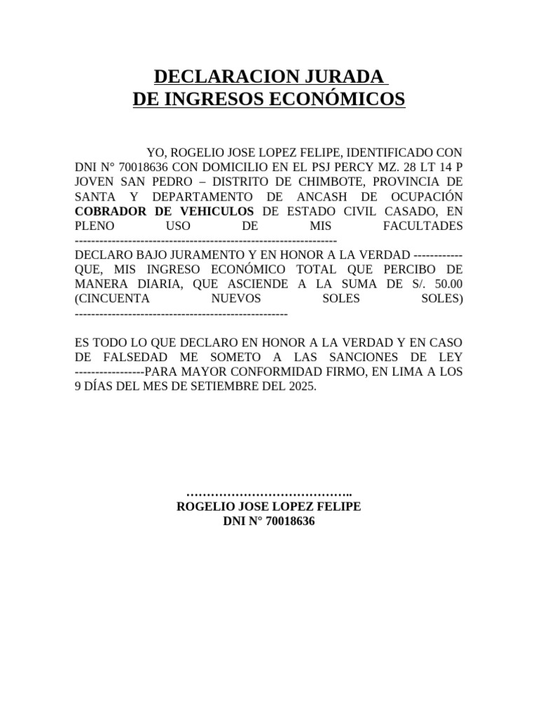 DECLARACION JURADA DE INGRESOS ECONOMICOS | PDF