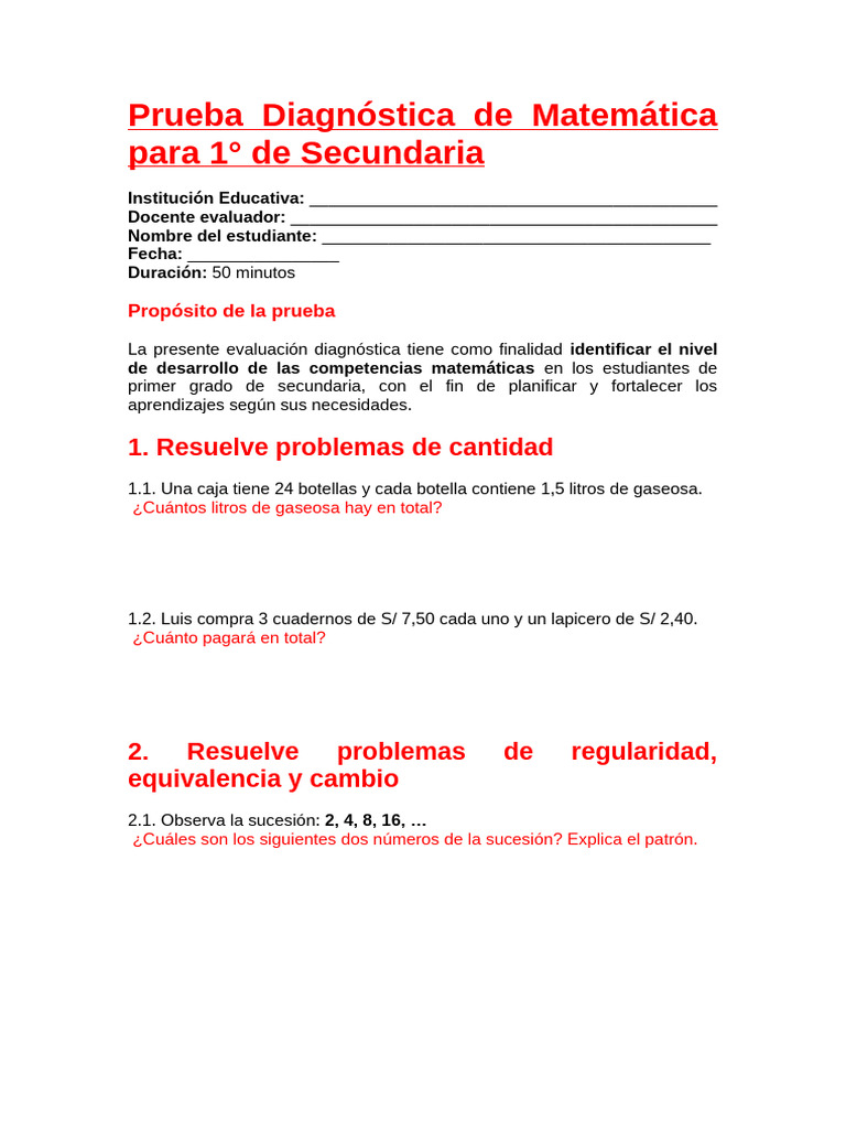 Prueba Diagnóstica de Matemática para 1° de Secund | PDF