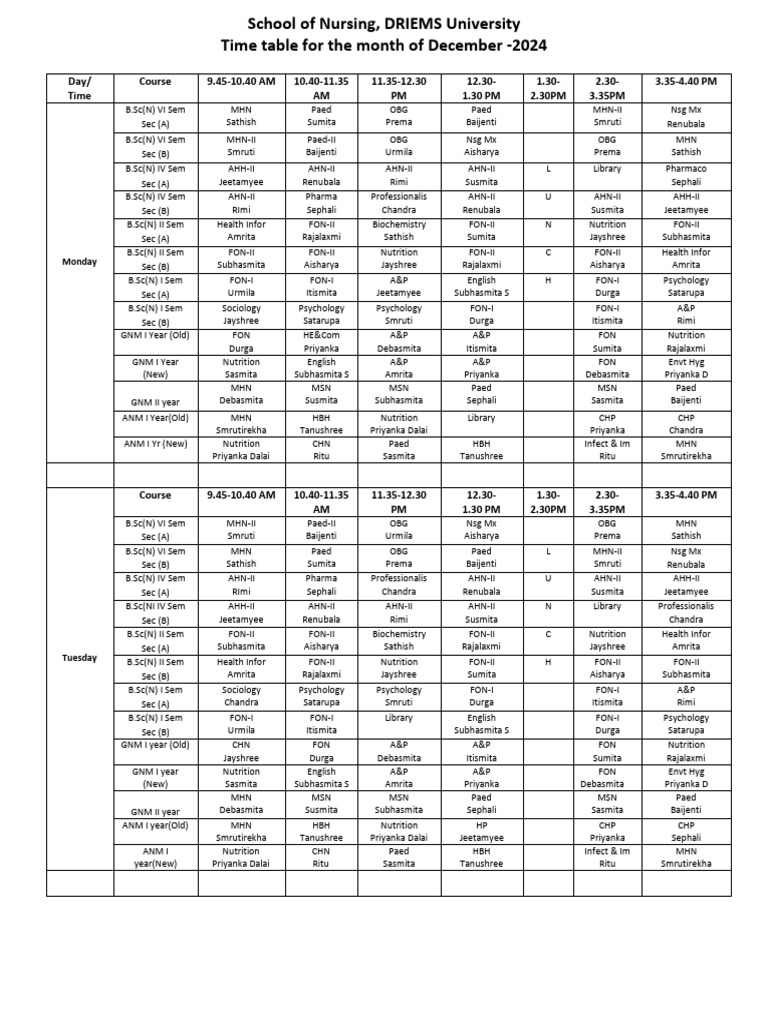 December 2024 Nursing Timetable | PDF
