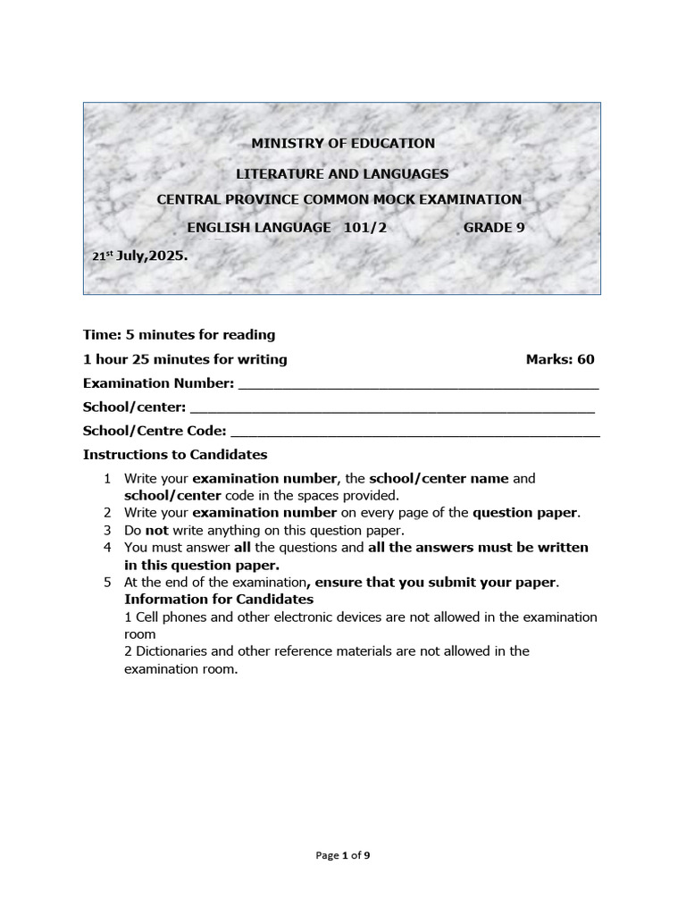 Grade 9 English Paper 2 Mock 2025 | PDF | Statue | Nebuchadnezzar Ii