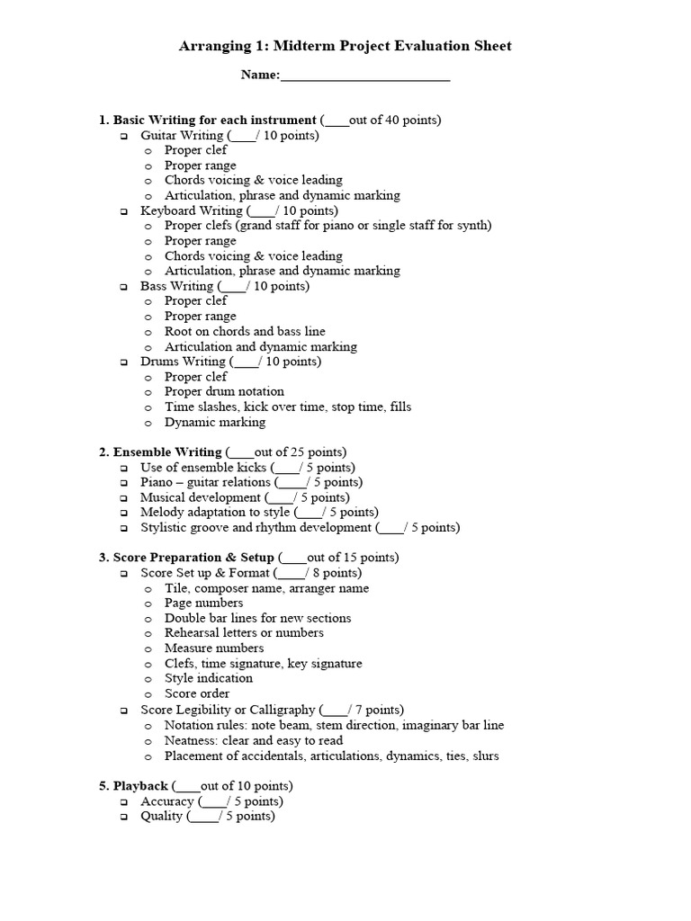 Arranging 1-Midterm Eval Sheet | PDF | Sheet Music | Musicology