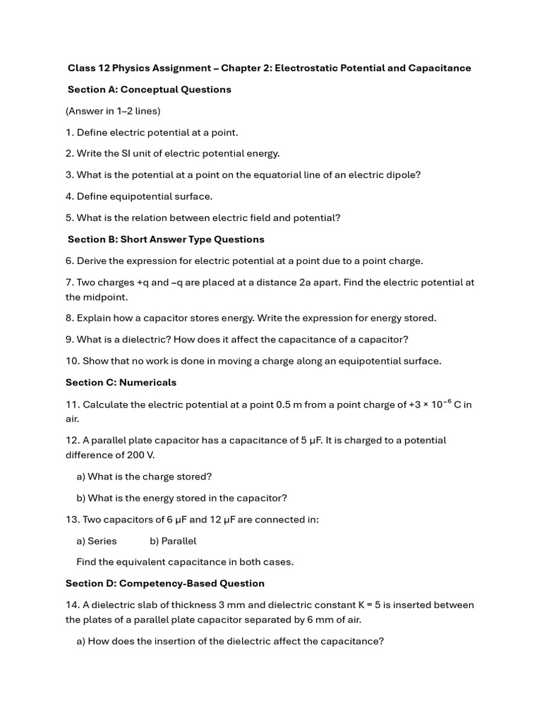 Class 12 Physics: Electrostatics Assignment | PDF