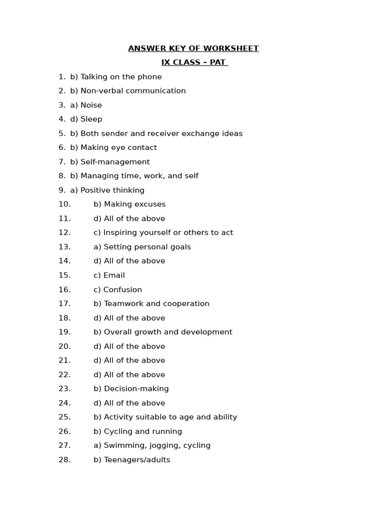 IX Class PAT Worksheet Answer Key | PDF