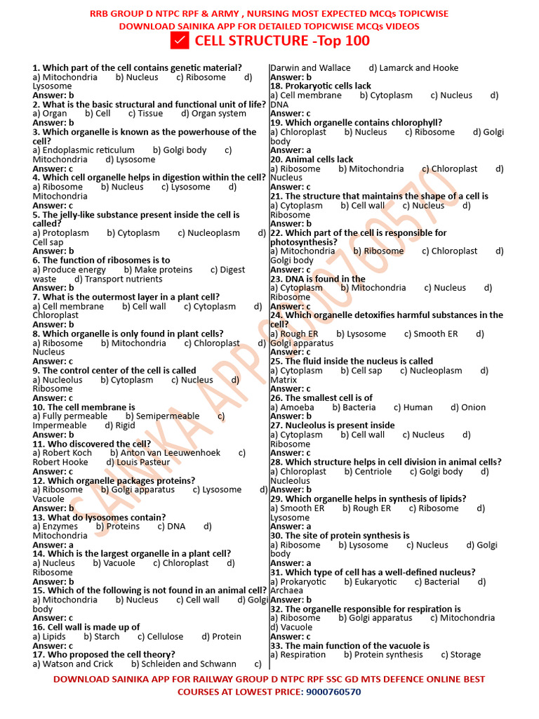 Cell Structure MCQs for Exams | PDF | Cell (Biology) | Cytoplasm
