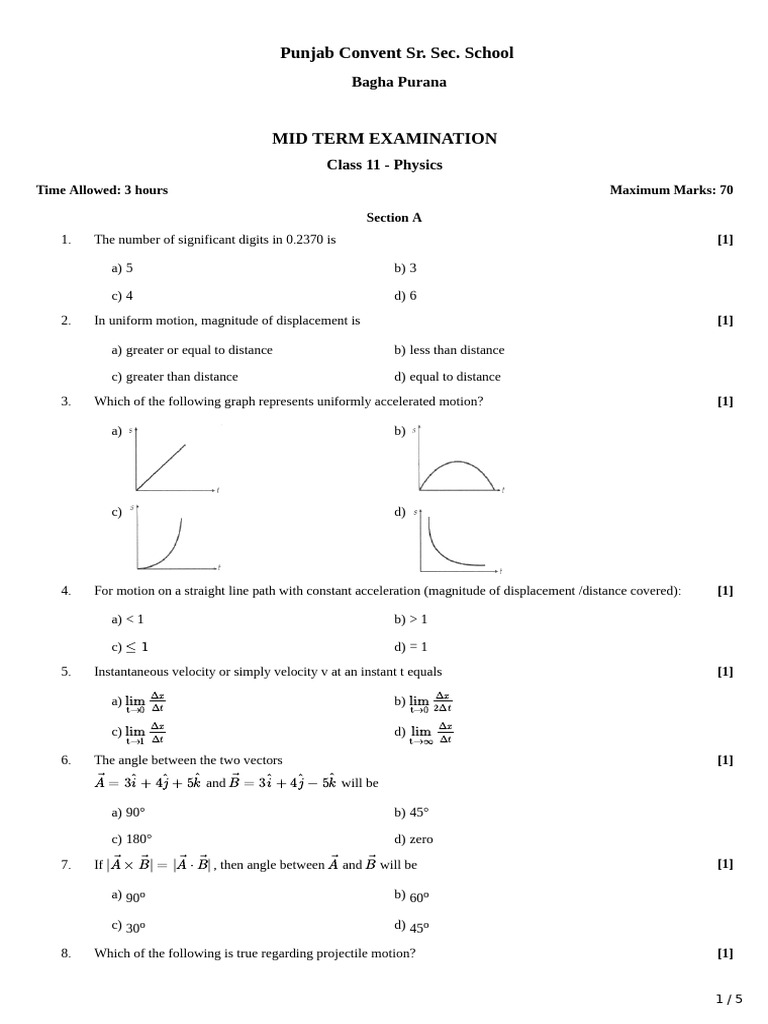 11th Physics Mid Term | PDF | Force | Acceleration