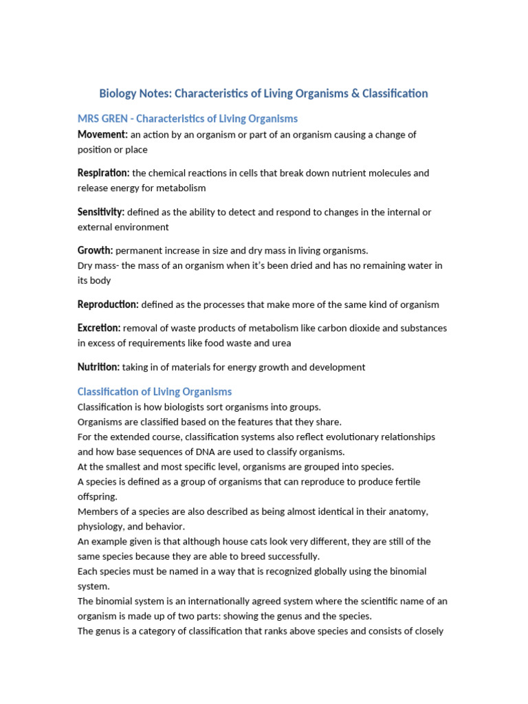 Biology Chapter One Classification of Living Organisms | PDF | Cell ...
