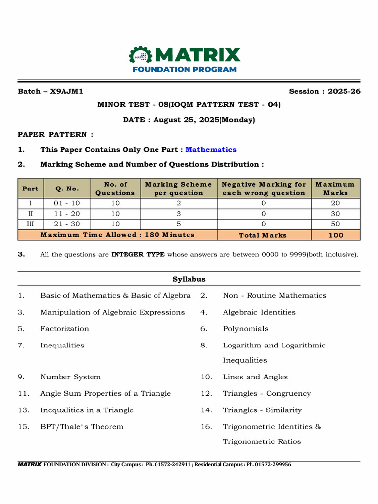 Batch - X9ajm1 Minor Test - 08 (Ioqm Pattern Test - 04) Paper Pattern ...