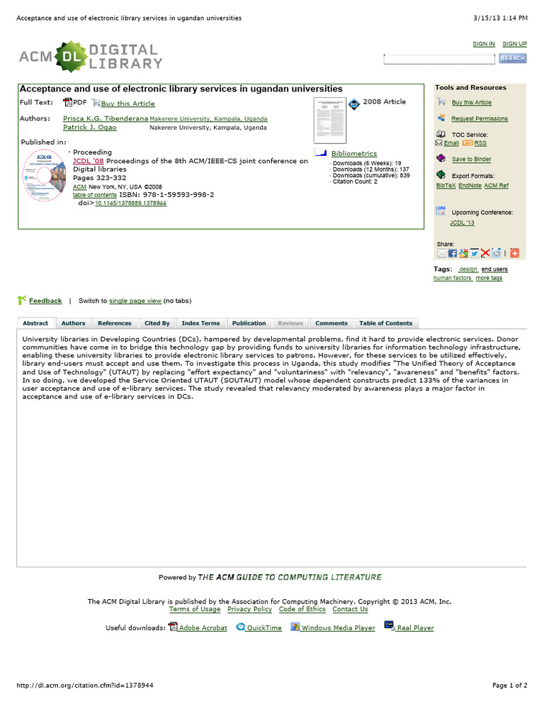 Acceptance and Use of Electronic Library Services in Ugandan Universities | PDF | Digital ...