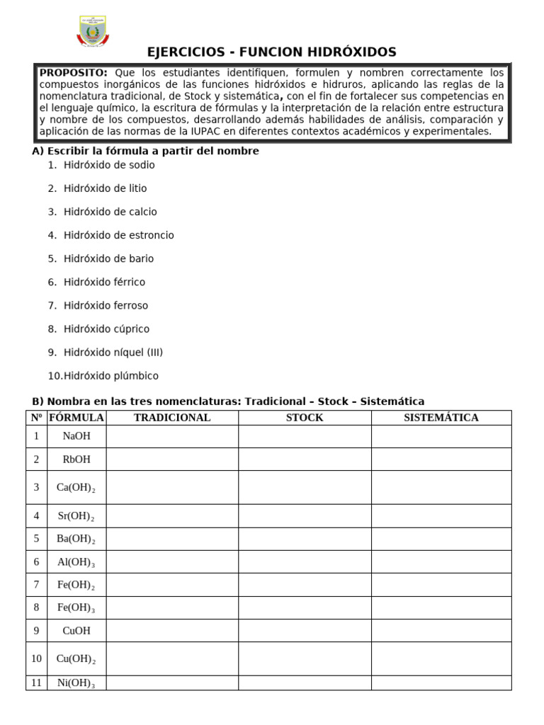 Ejercicios De Nomenclatura De Hidróxidos Y Hidruros Pdf Hidróxido