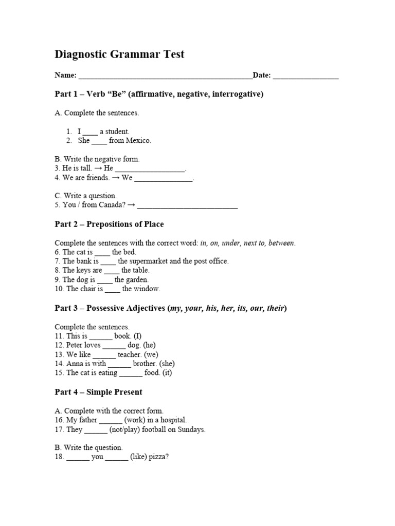 Diagnostic Grammar Test 1 Semester | PDF