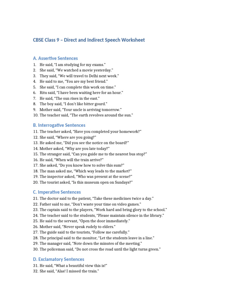 CBSE Class9 Direct Indirect Speech Worksheet | PDF