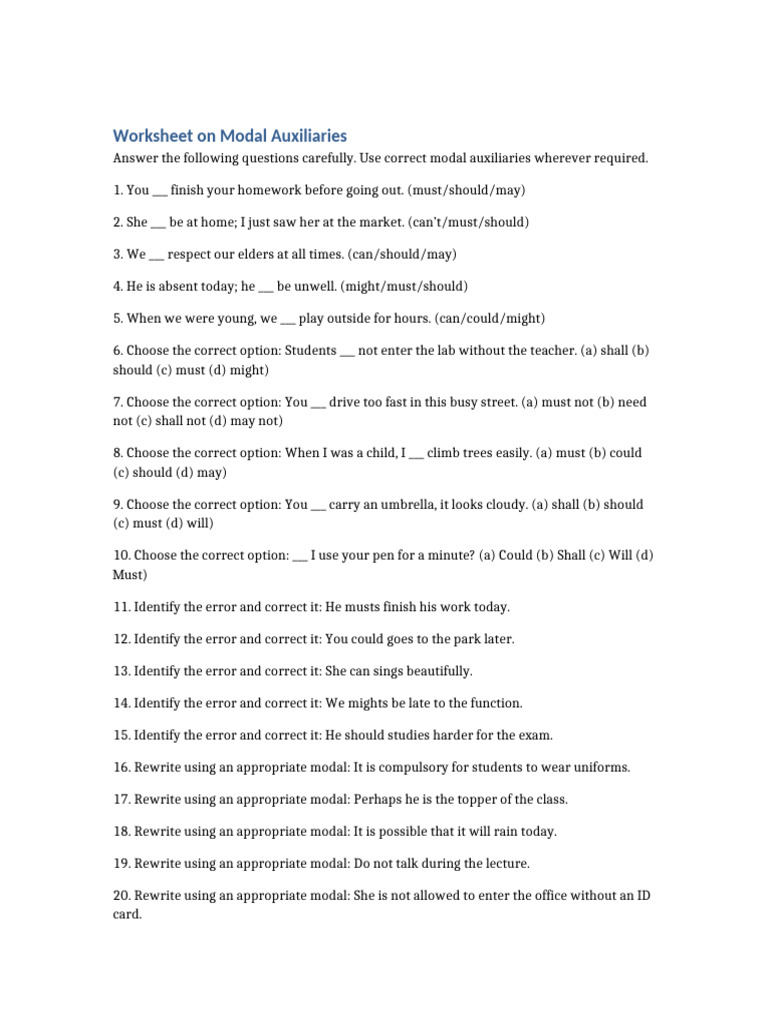 Worksheet On Modal Auxiliaries | PDF | Chess | Chess Theory