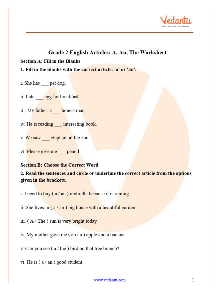 Grade 2 Articles Worksheet with Answers | PDF