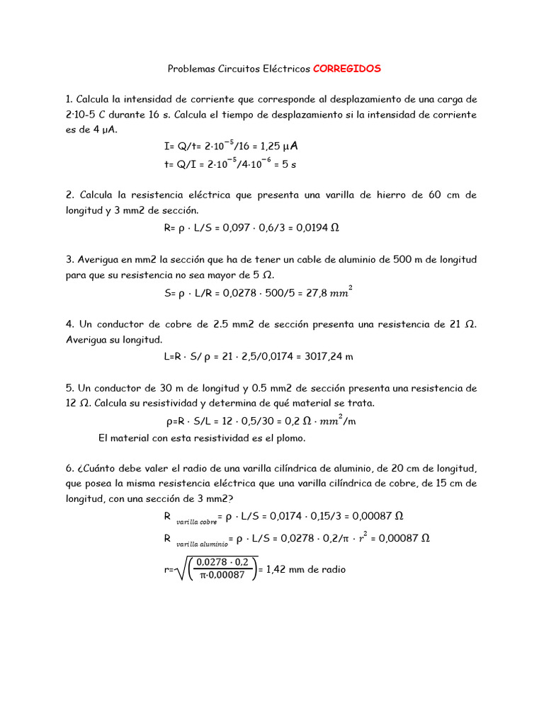 Corregidos Problemas Circuitos Eléctricos TECN 1º BACH | PDF | Corriente eléctrica | Poder (Física)