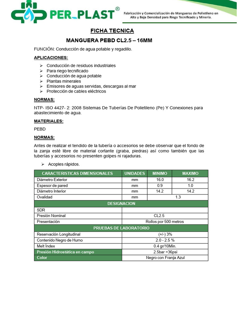 Ficha Tecnica Manguera Pebd CL2.5 - 16MM | PDF