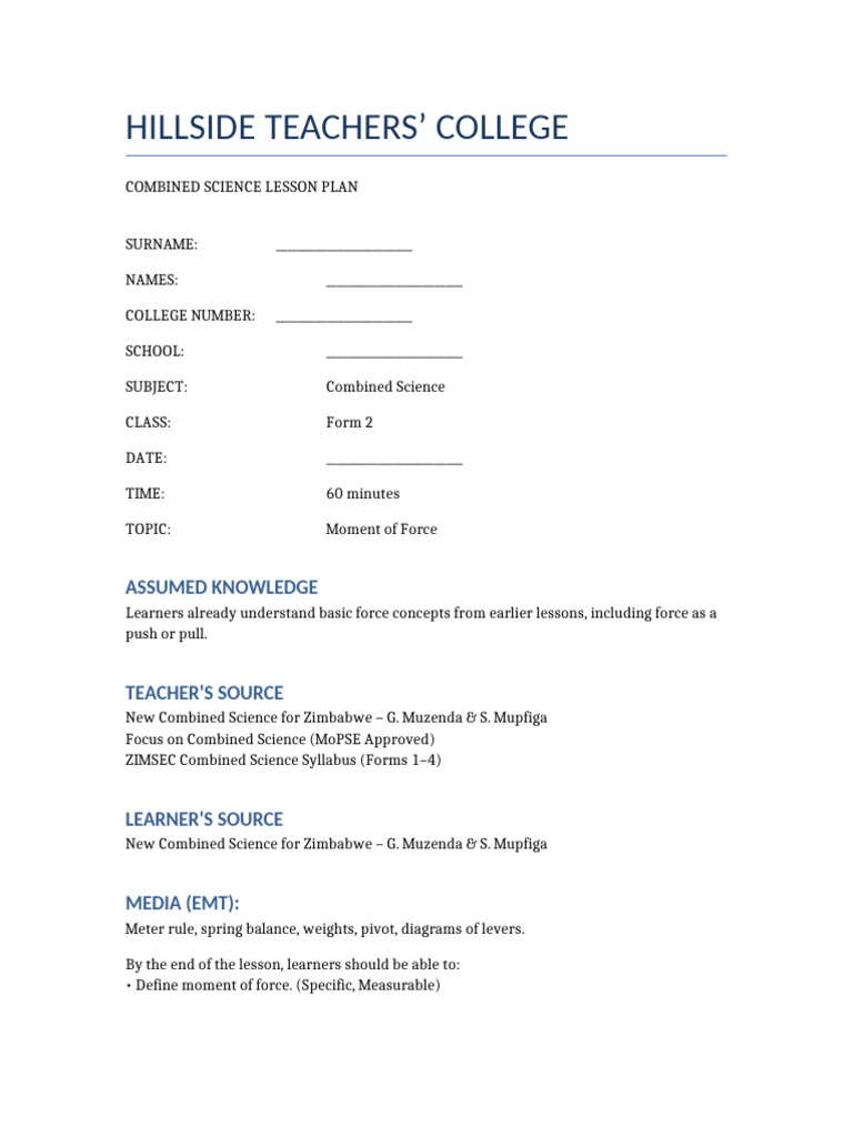Form 2 Lesson Plan Moment of Force | PDF | Force | Torque
