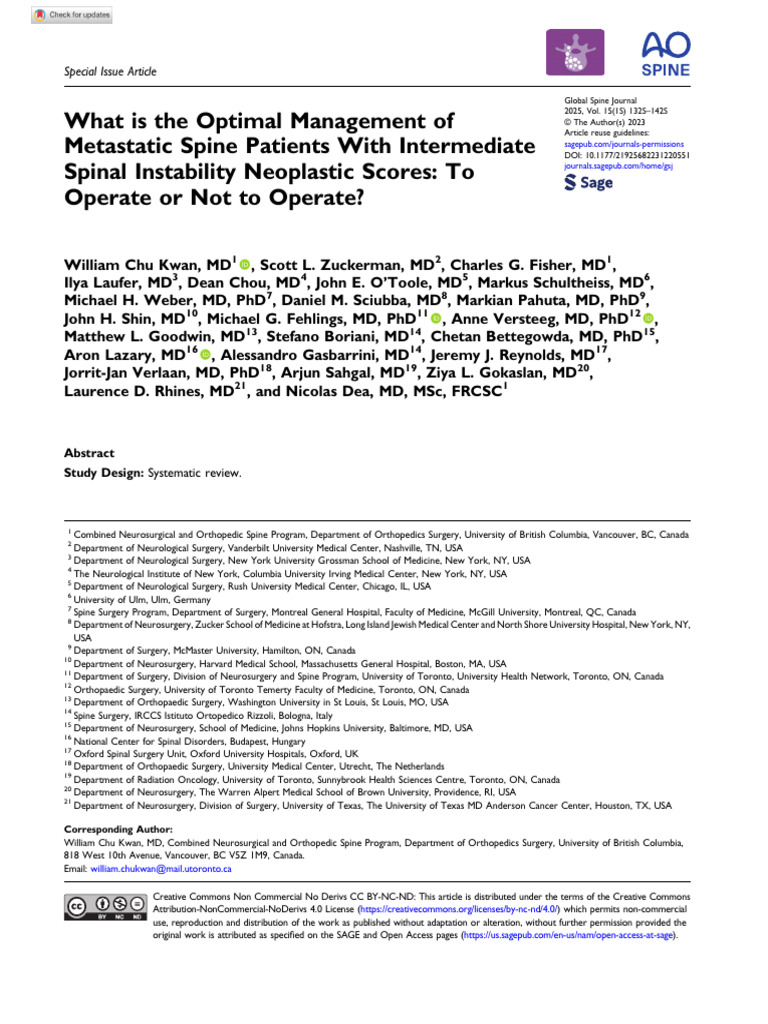 What Is The Optimal Management of Metastatic Spine Patients With ...