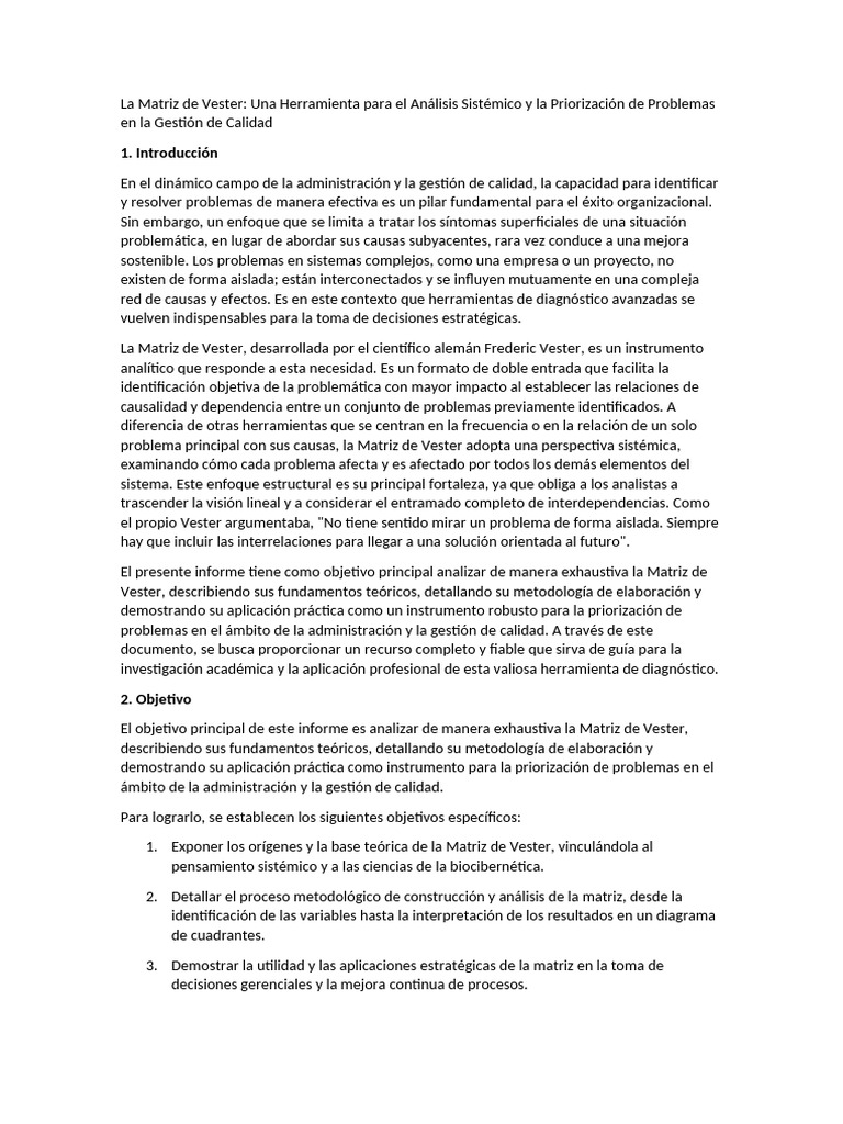 La Matriz de Vester 22 | PDF | Sistema de manejo de calidad | Toma de ...