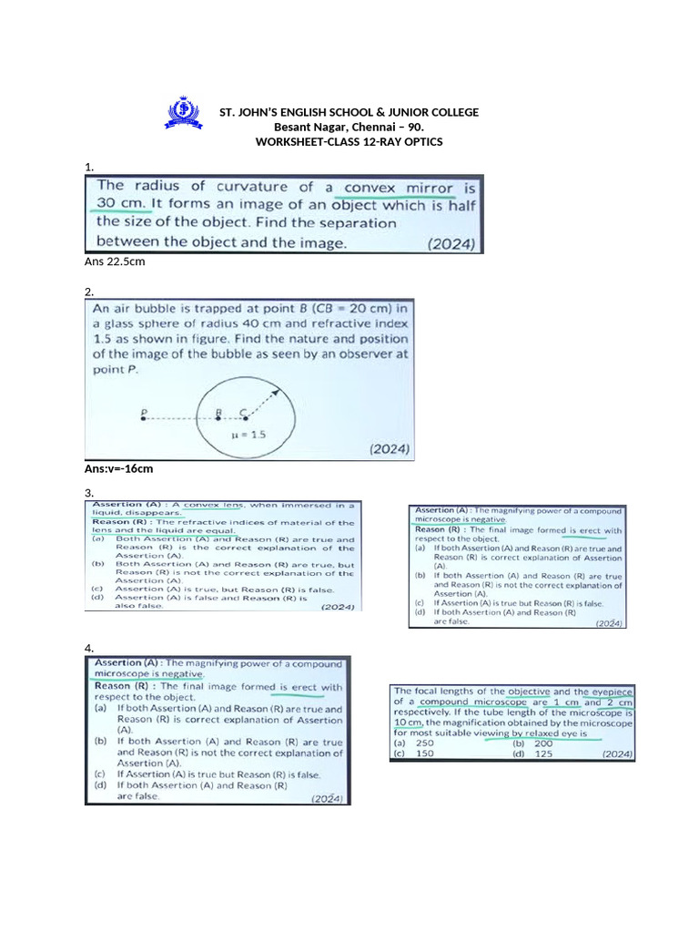 Worksheet Ray Optics | PDF