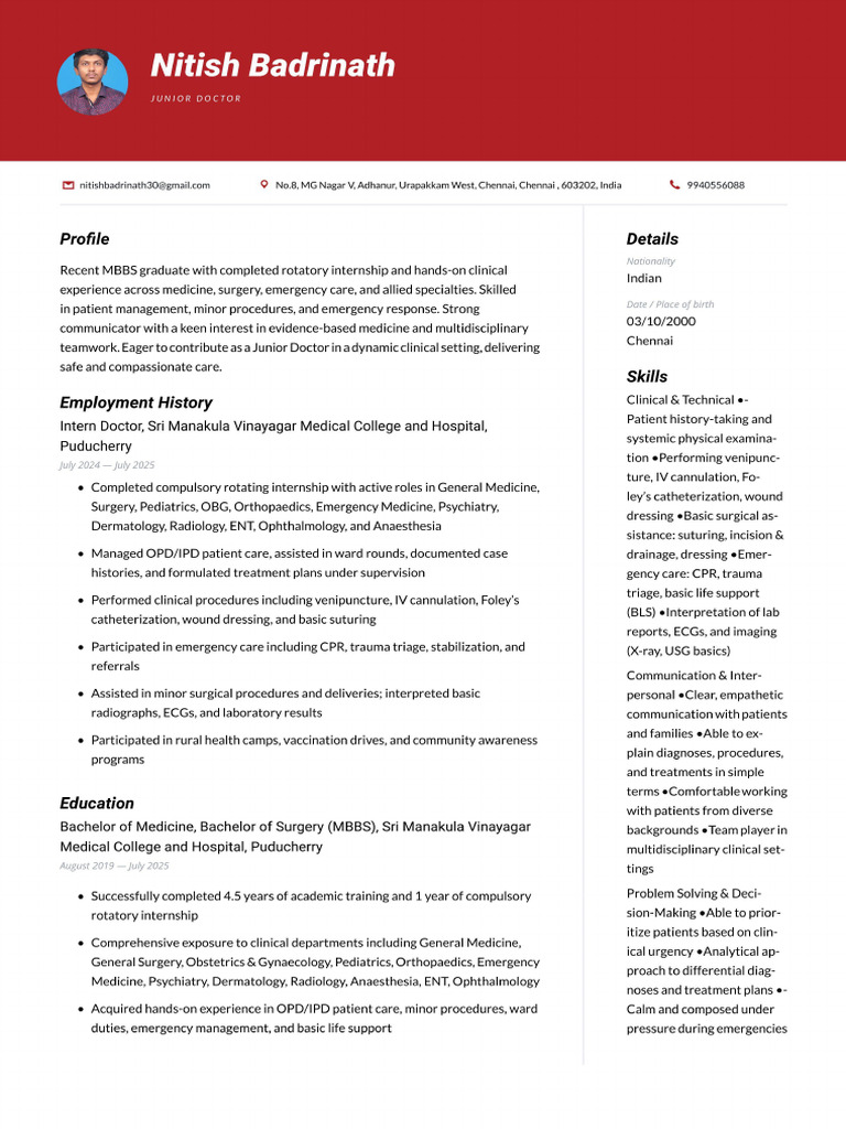 Nitish Badrinath Resume Junior Doctor | PDF | Medicine | Health Care