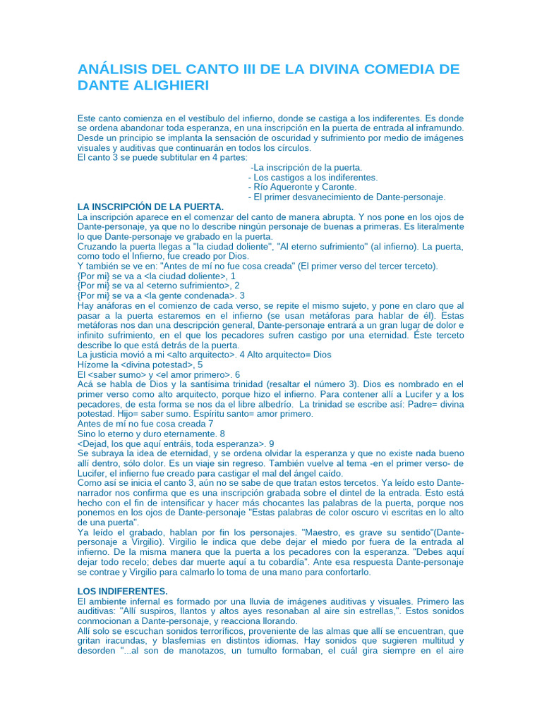 Análisis del Canto III de Dante | PDF | Infierno | Infierno (Dante)
