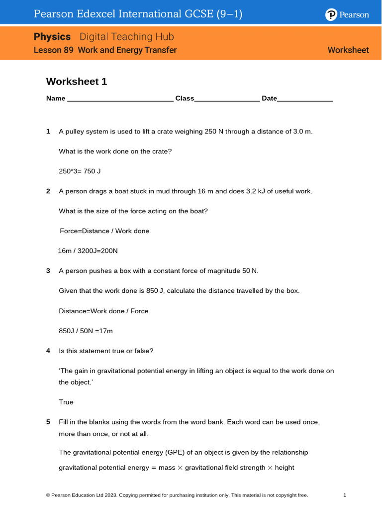 Work and Energy Calculations Worksheet | PDF | Mass | Potential Energy