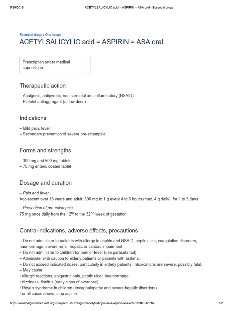 Acetylsalicylic Acid Aspirin Asa Oral - Essential Drugs | PDF | Aspirin ...