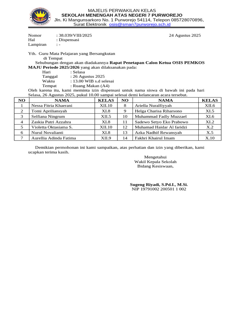Surat Dispensasi MPK.1 | PDF