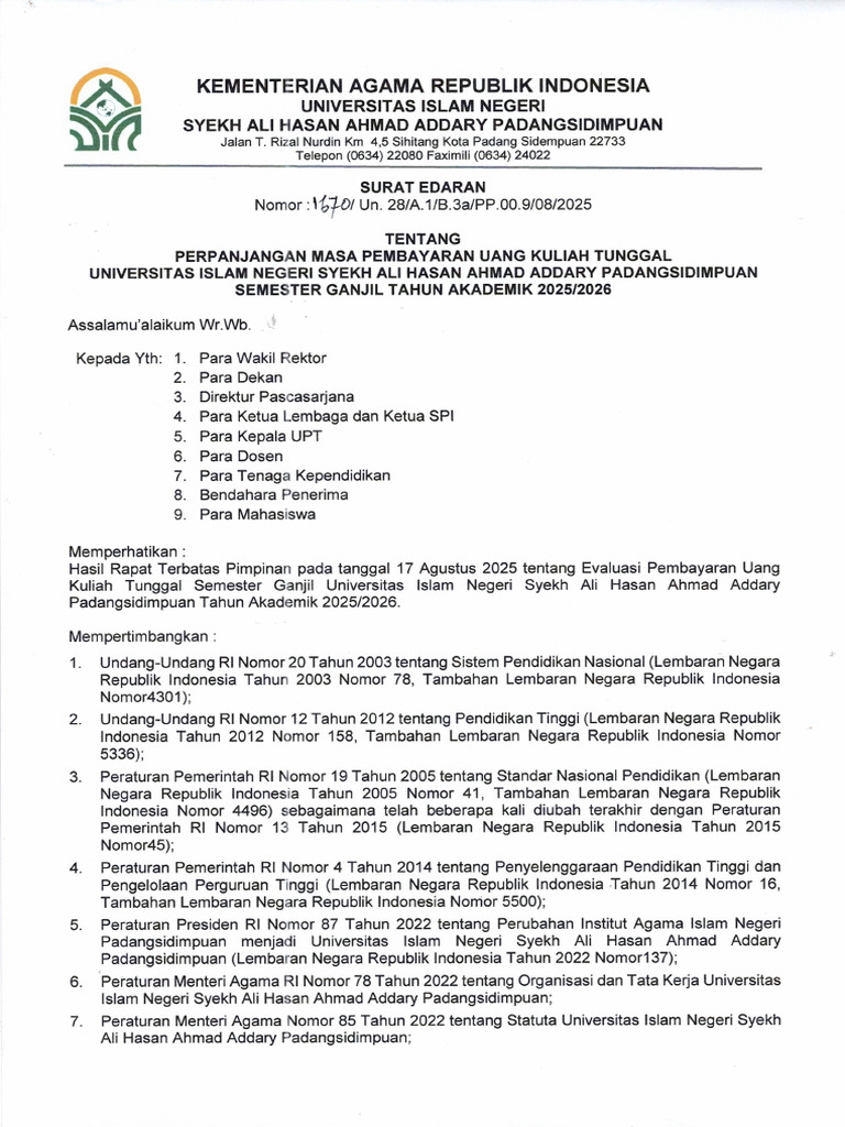 Surat Edaran Perpanjangan Ukt Sem.ganjil Ta 2025-2026 | PDF