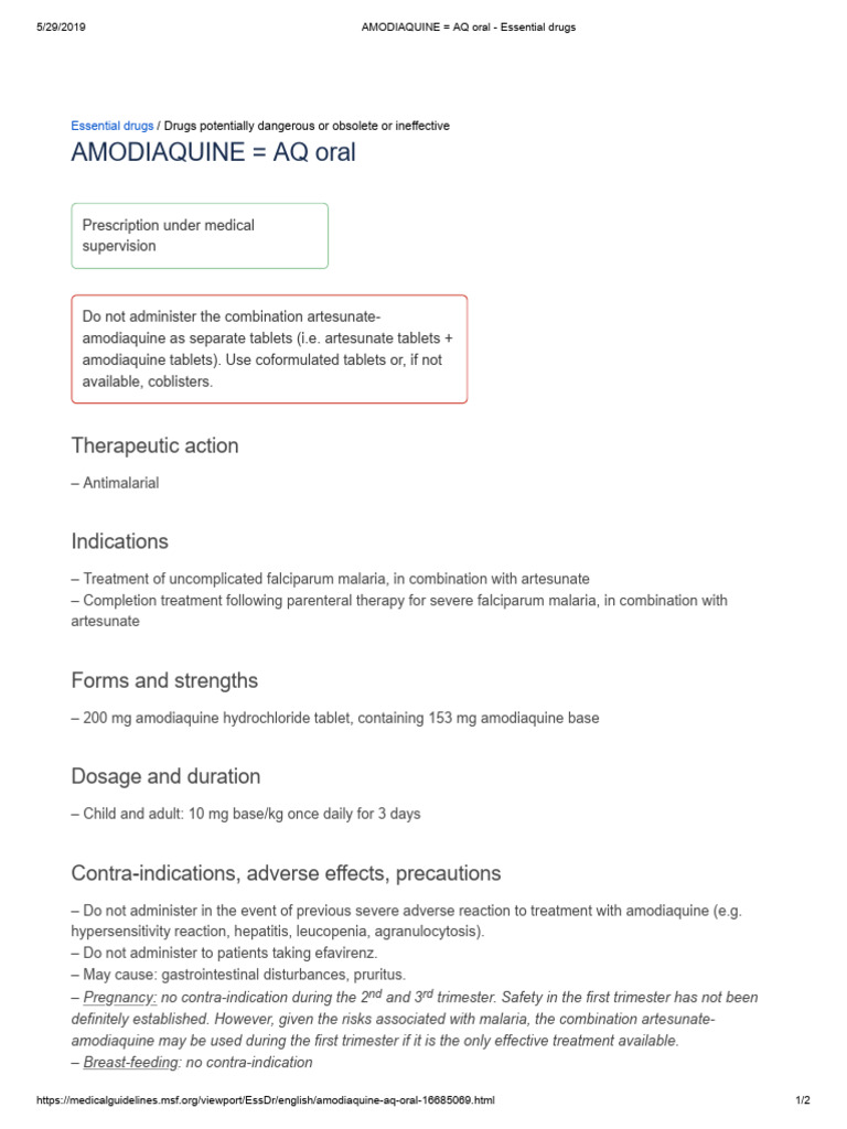 AMODIAQUINE AQ Oral - Essential Drugs | PDF