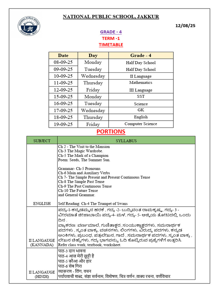 GRADE 4 Term1 Timetable and Portions | PDF