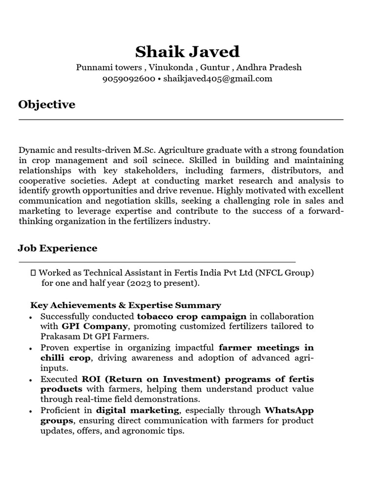 Resume Shaik Javed MSC Agri | PDF | Agronomy | Agriculture