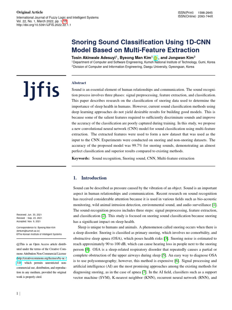 2022.snoring Sound Classification Using 1D-CNN - Ijfis-22-1 | PDF | Deep Learning | Applied ...