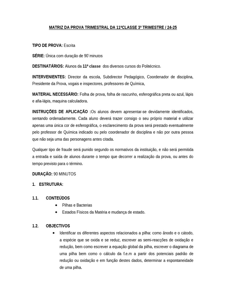 Matriz Da Prova Trimestrais | PDF | Física