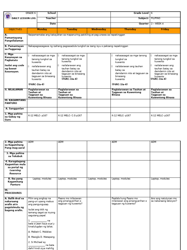 WEEK4 DLL FILIPINO 1 | PDF