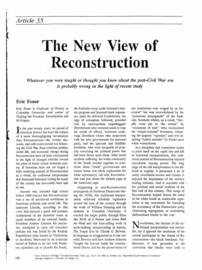 Eric Foner, the New View of Reconstruction (2) | PDF