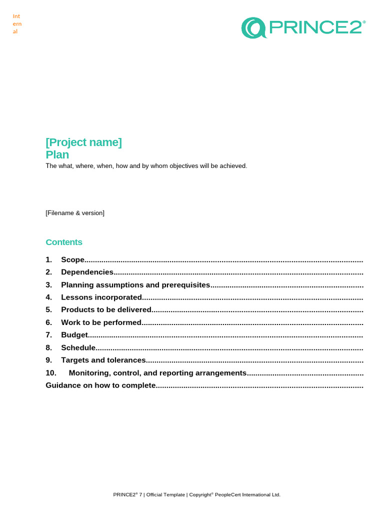 PRINCE2 A9 Plan Official Template | PDF