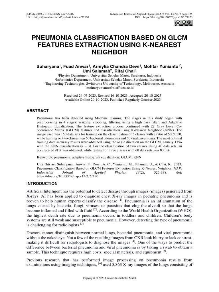 Suharyana Et Al. - 2023 - Pneumonia Classification Based On GLCM Features Extraction Using K ...