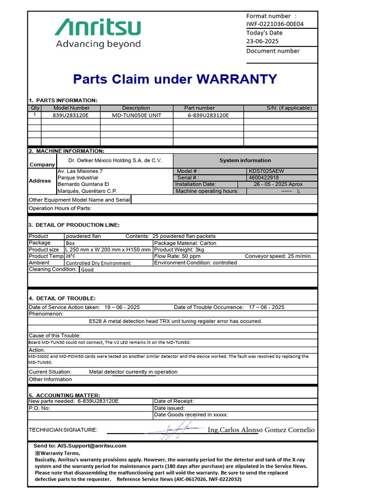 Dr. Oetker IWF-0221036-00E04 Parts Claim Under WARRANTY ENG | PDF