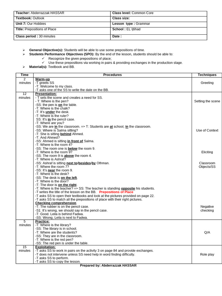 Prepositions of Place Lesson Plan | PDF | Classroom | Learning